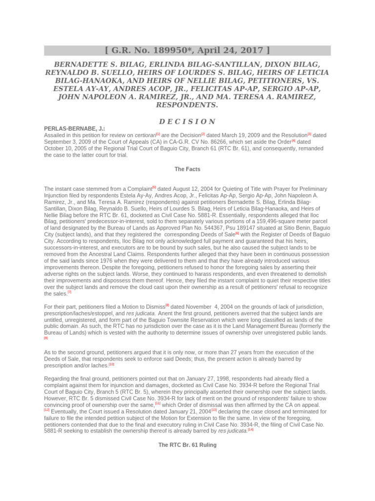 Bernadette Bilag vs. Estela Ay-Ay - Quieting of Title | PDF | Lawsuit | Justice