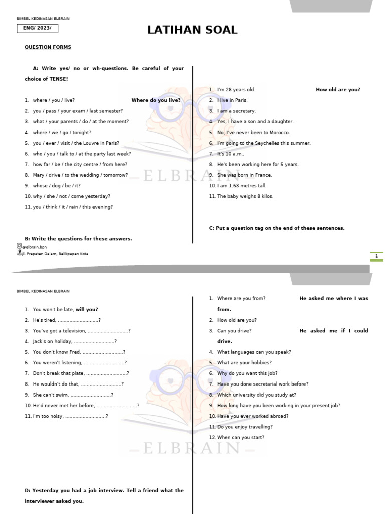 Latihan Soal 8 Question Forms | PDF | Grammar | Linguistic Morphology
