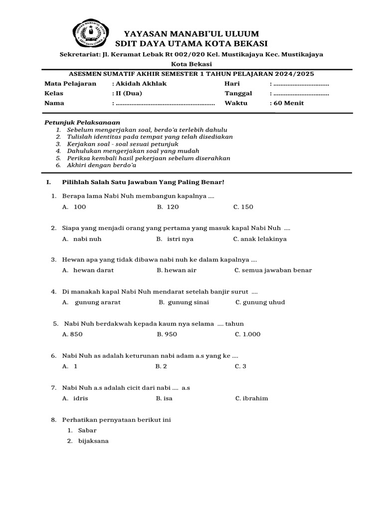Soal PAS AKIDAH AKHLAK Kelas 2 2024 | PDF