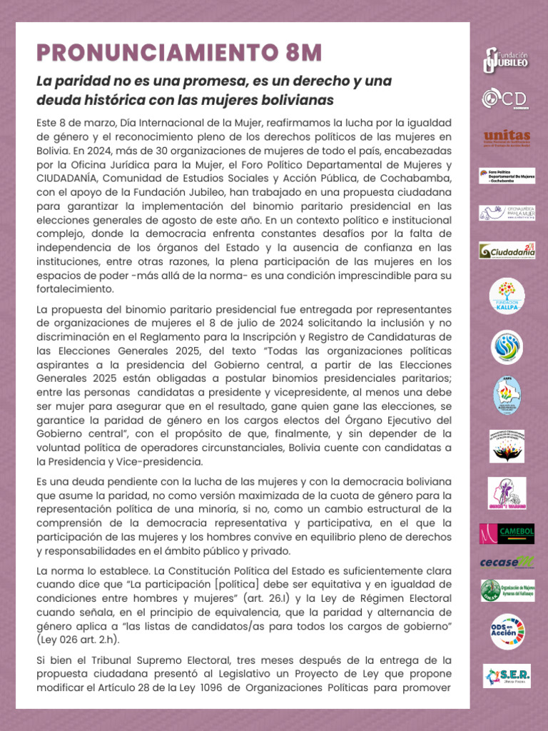 Pronunciamiento 8M - Version Final | PDF | Bolivia | Gobernancia