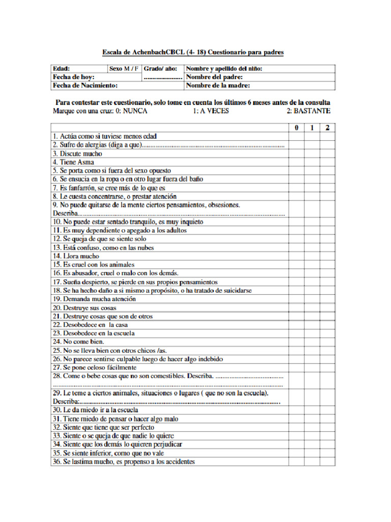 CBCL (4-18) | PDF | Ansiedad | Comportamiento