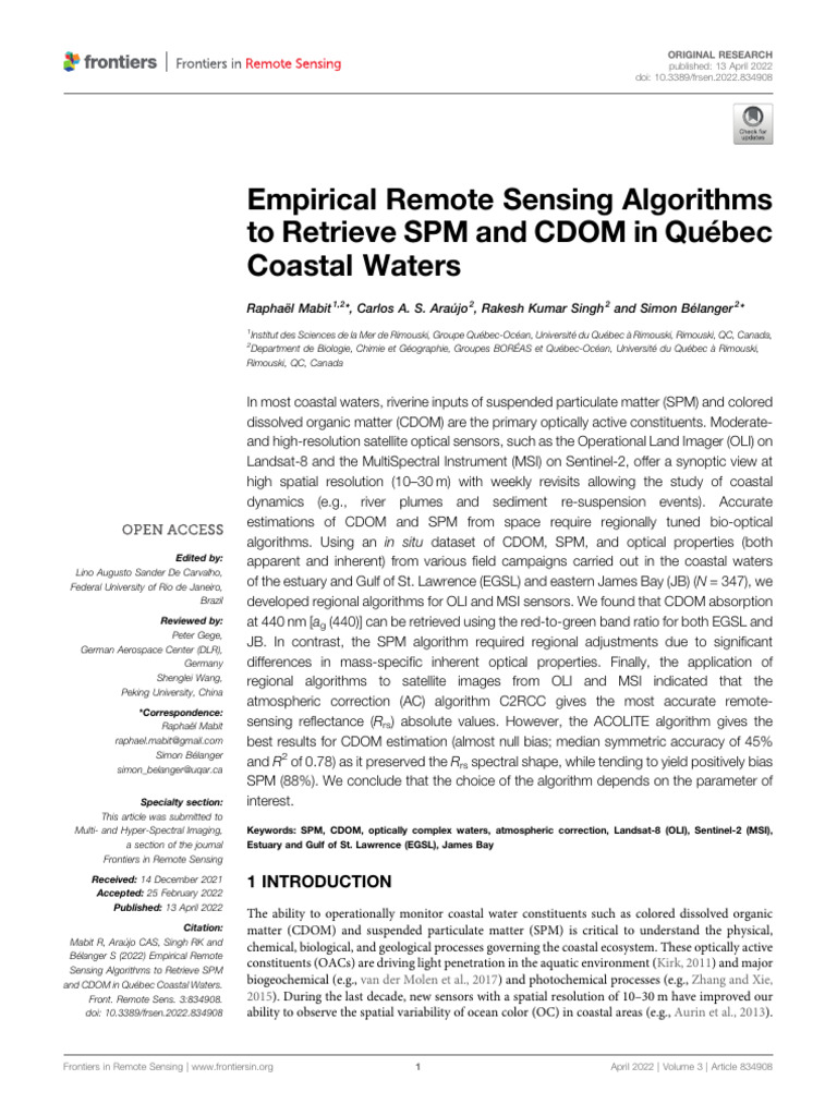 Mabit Et Al. - 2022 - Empirical Remote Sensing Algorithms To Retrieve SP | PDF | Infrared ...