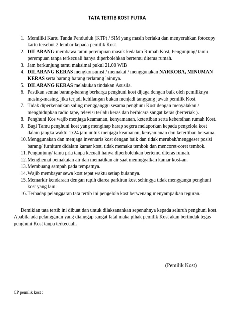 Tata Tertib Kost Putra | PDF
