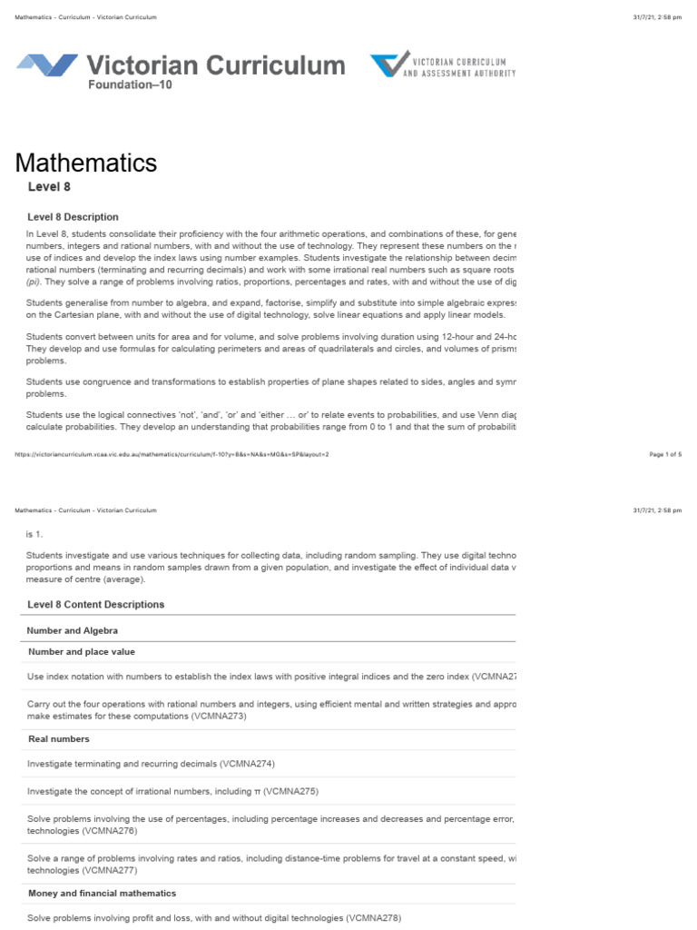 Year 8 Vic Curriculum Maths | PDF | Area | Numbers