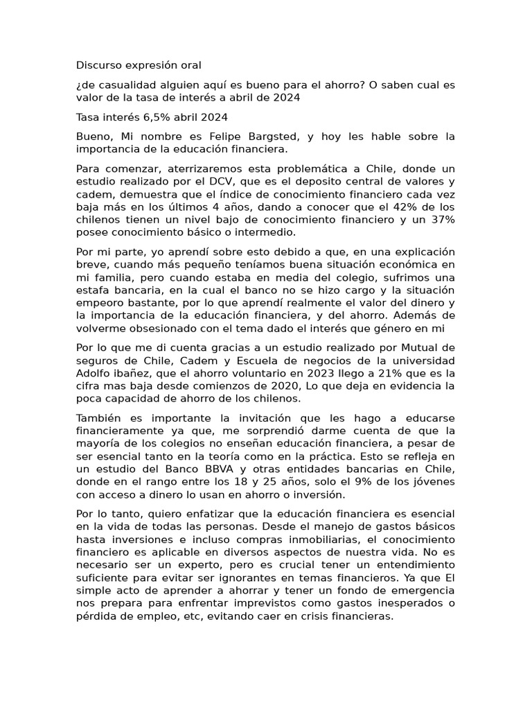 Discurso Expresión Oral 2.0 | PDF | Bancos | Educación financiera