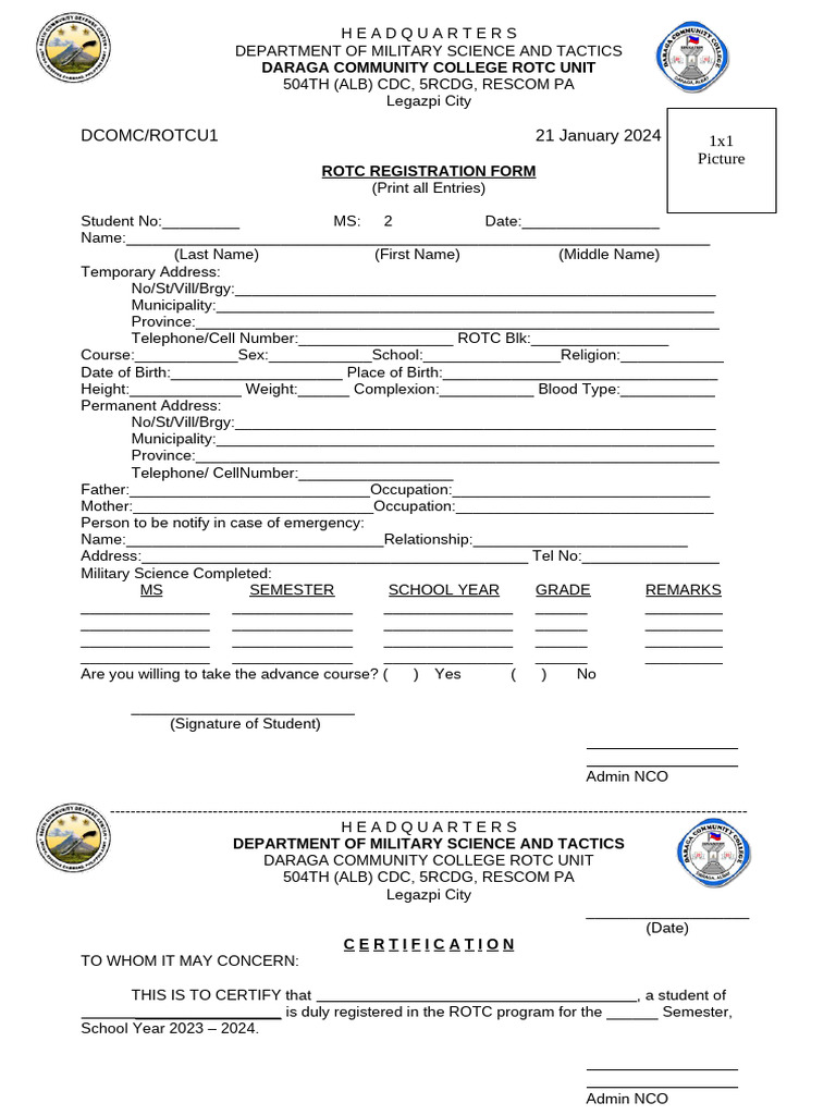ROTC Registration Form 2024 | PDF