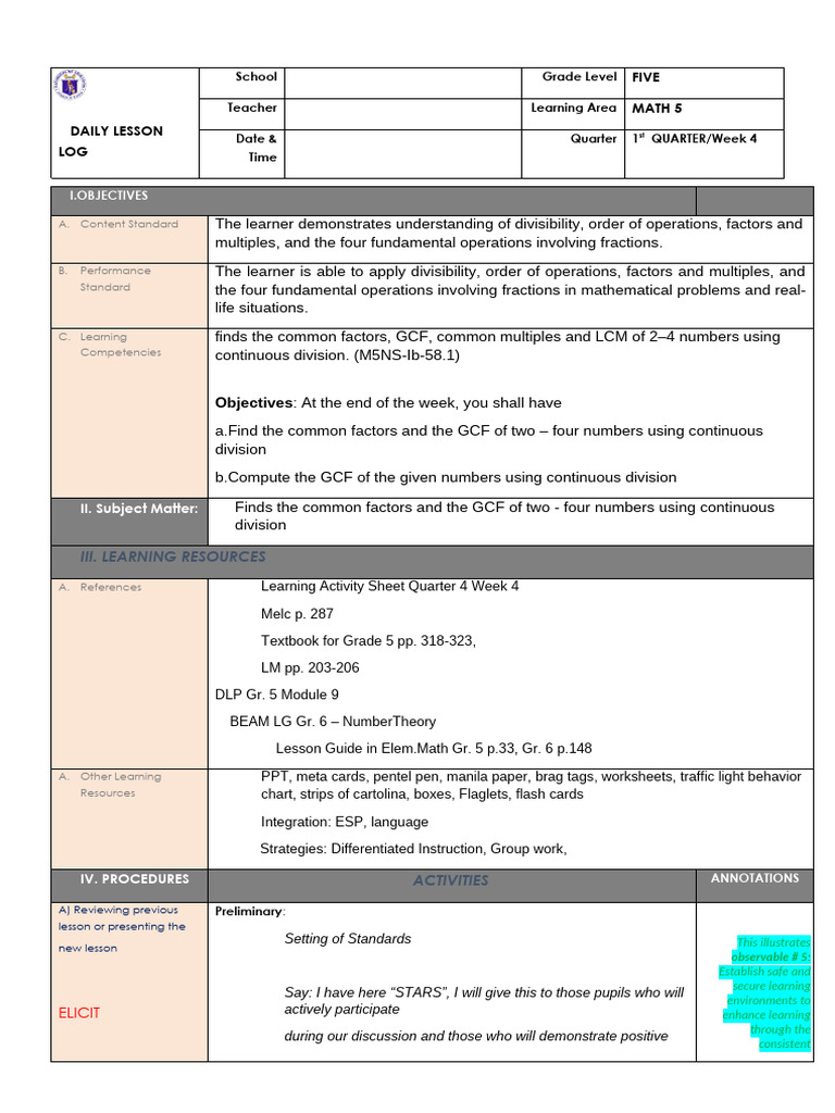 Cot Math 5 1st Quarter Week 4 Finding GCF and LCM | PDF | Critical ...