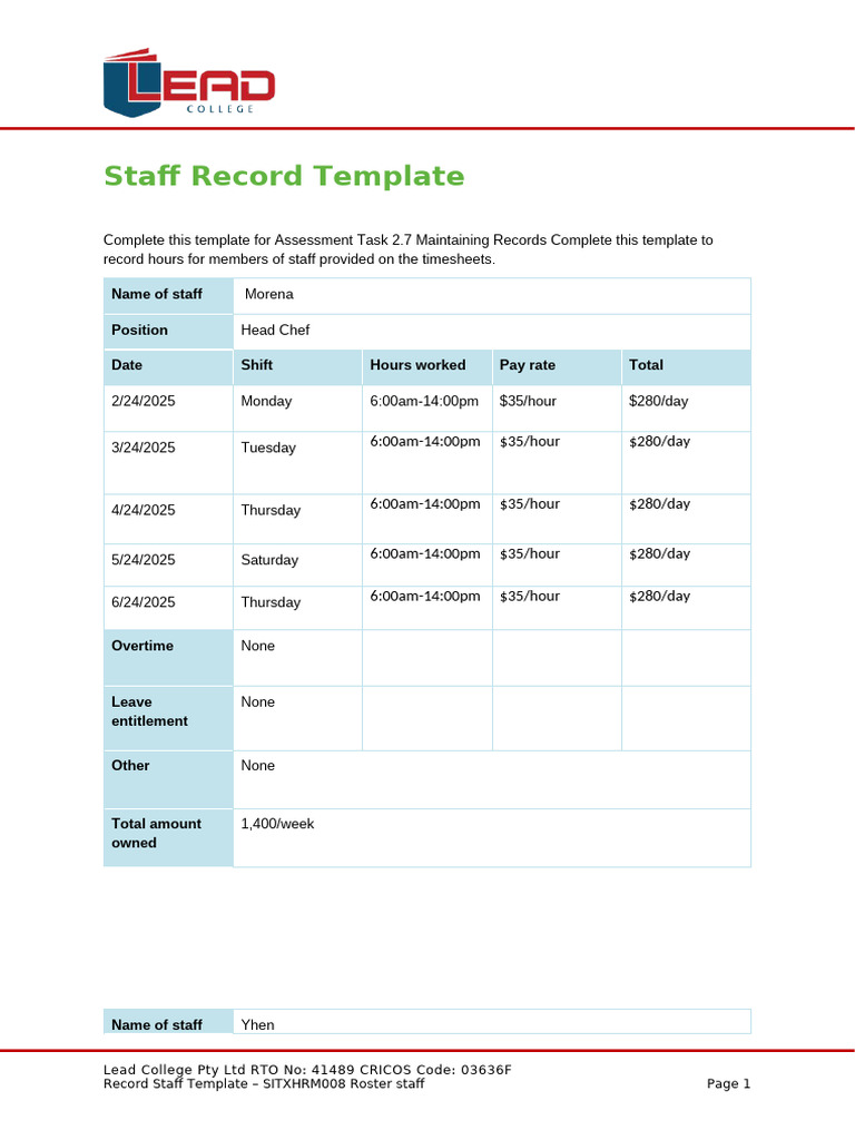 Staff Hours and Pay Record Template | PDF