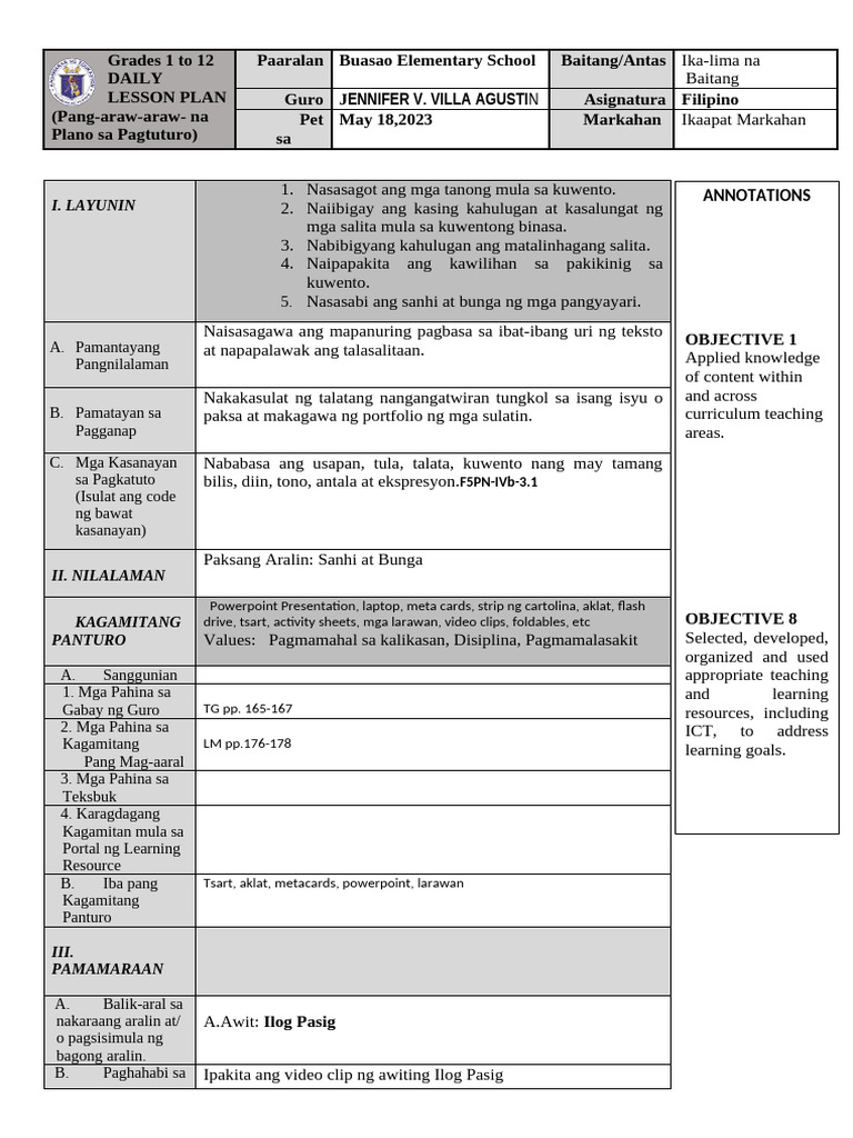 DLP Filipino 5 Q4 Week 2 COT 4 | PDF