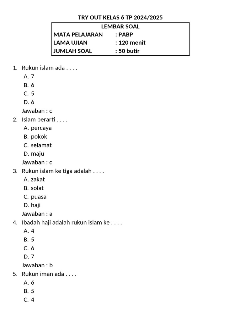 Soal Try Out Kelas 6 TP 2024 2025 PABP Plus Kunci Jawaban | PDF