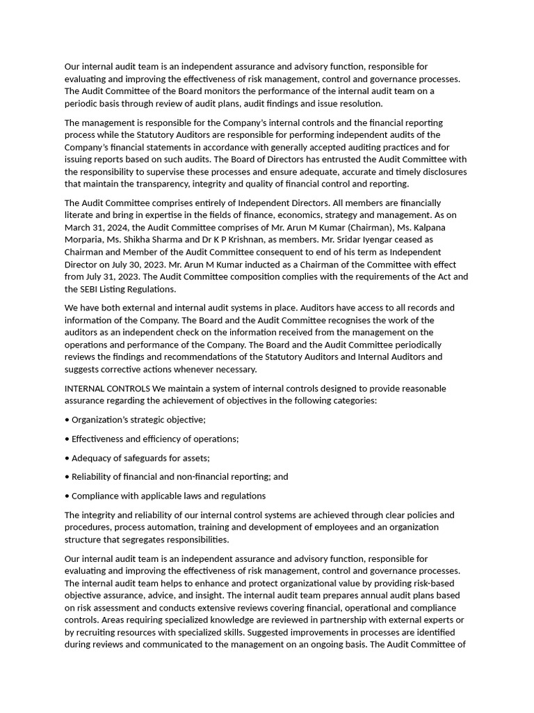 Our Internal Audit Team Is An Independent Assurance and Advisory ...