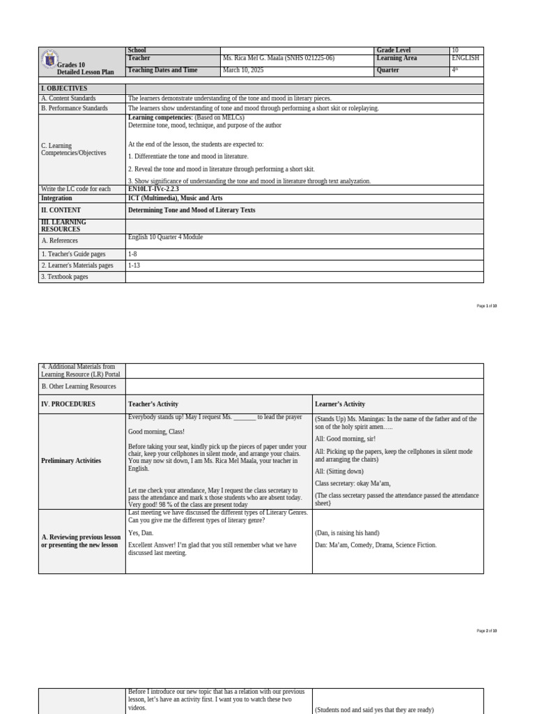 JHS DepEd Demo - DLP | PDF | Emotions | Feeling