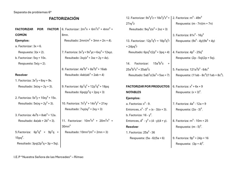 Separata Ejercicios de Factorización | PDF