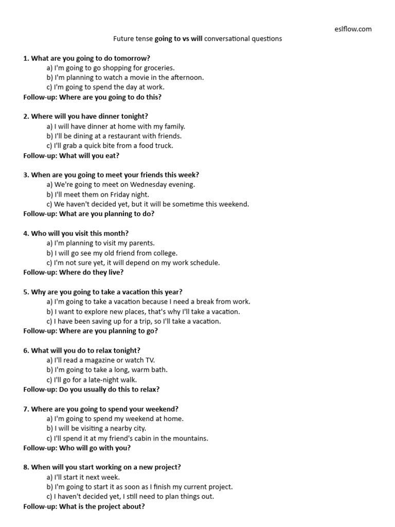 Future Tense Going To Vs Will Conversational Questions | PDF