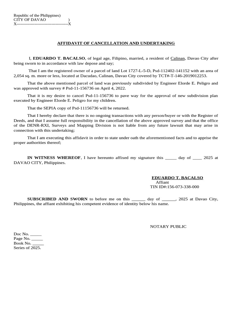 Affidavit of Cancellation and Undertaking | PDF | Affidavit | Common Law