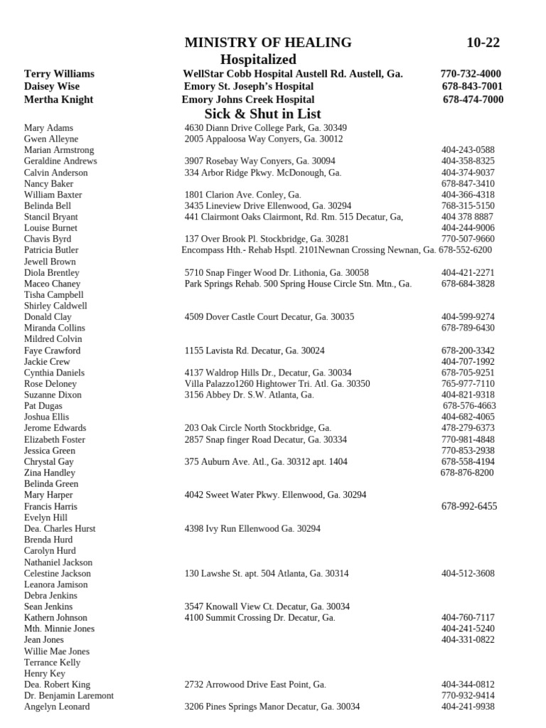 Sick and Shut-In List for Ministry | PDF