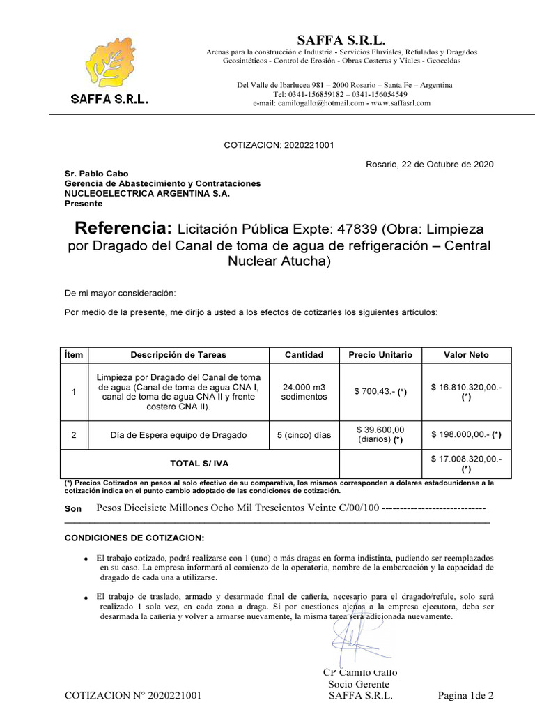 Cotizacion NA-SA Licitación 10-2020 (Pesos) | PDF | Cheque
