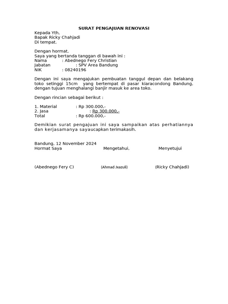 Surat Pengajuan Renovasi | PDF