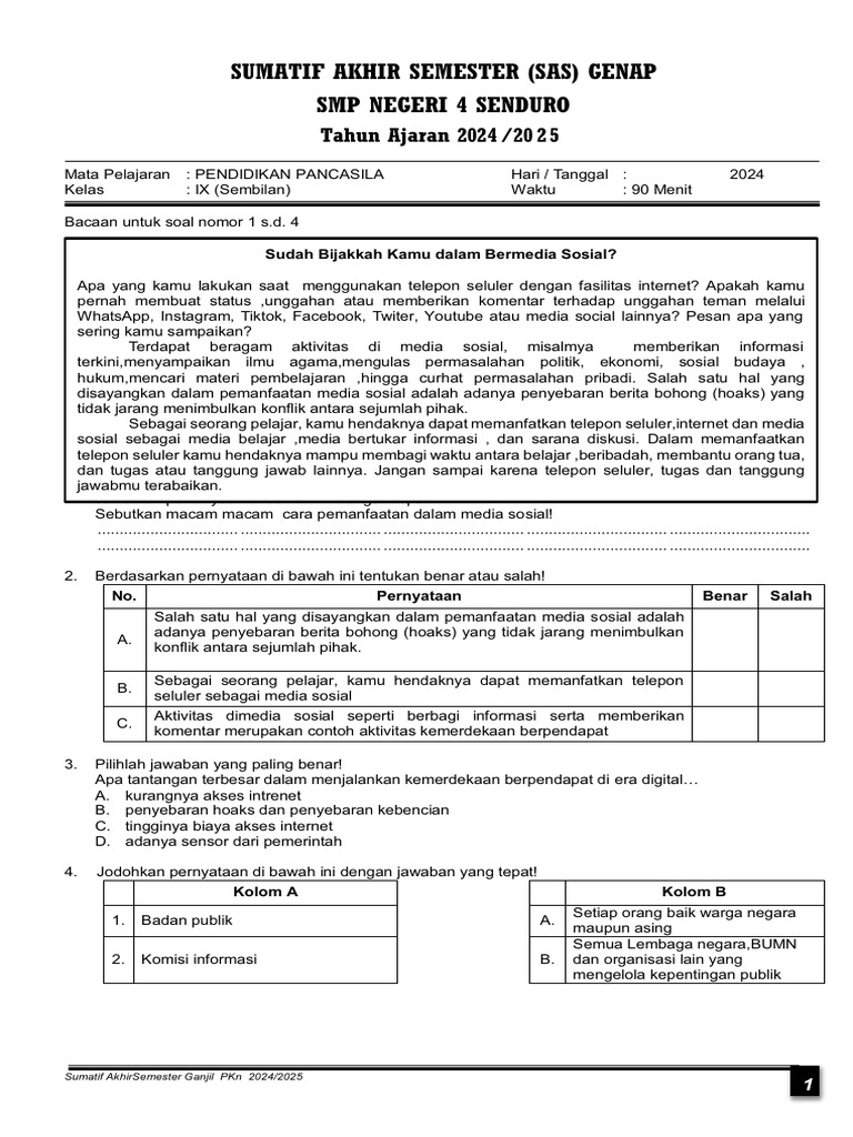 Bahan Soal Sas Genap 9 PKN 2025 | PDF