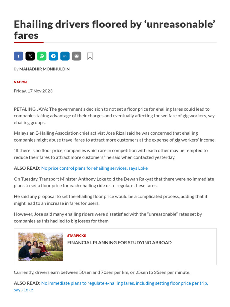 Article #2 Ehailing Drivers Floored by Unreasonable' Fares - The Star ...