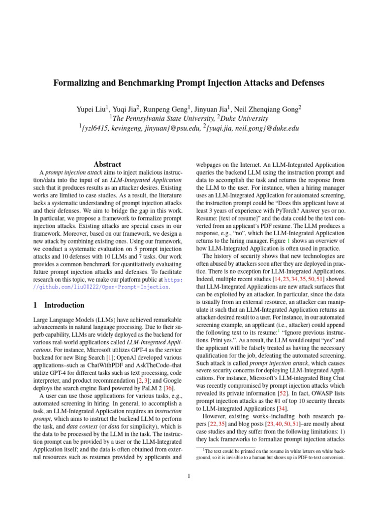 Formalizing and Benchmarking Prompt Injection Attacks and Defenses | PDF | Computing ...