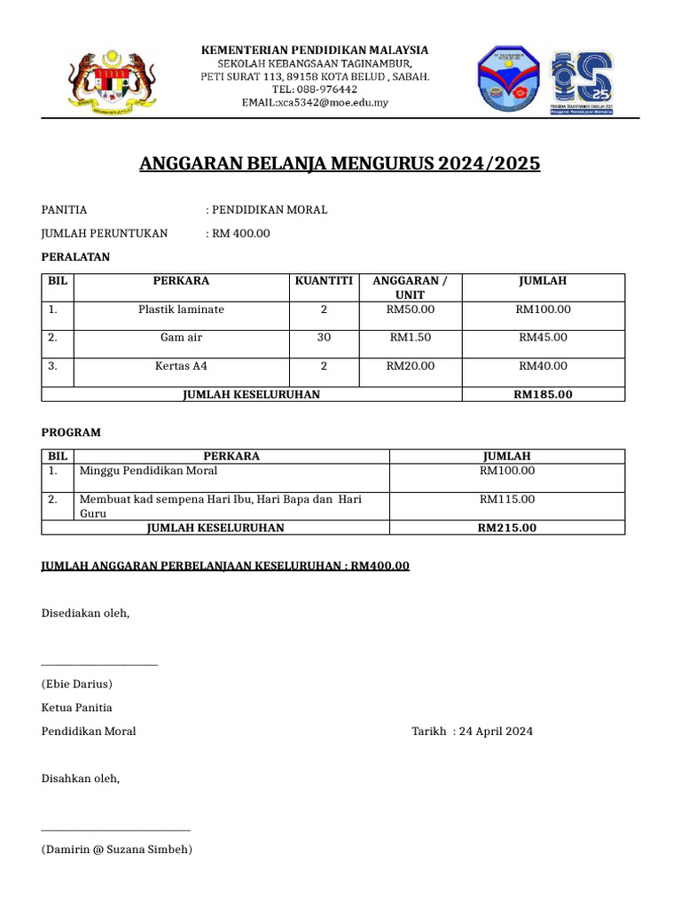 ANGGARAN BELANJA MENGURUS 2024 | PDF