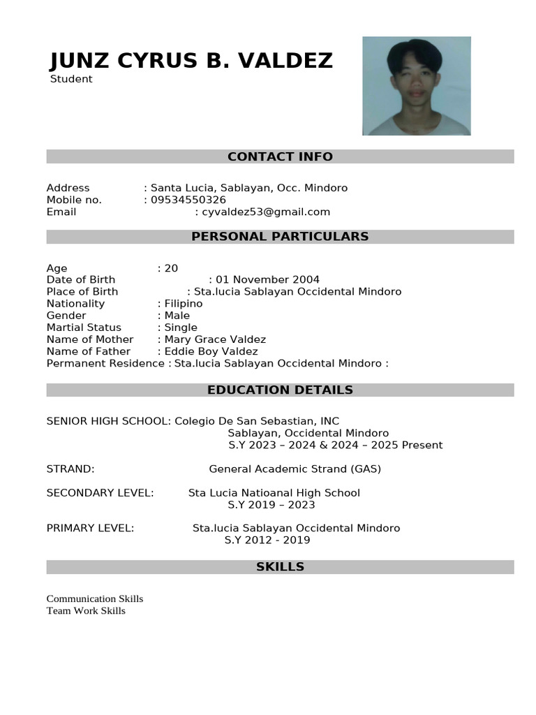 Filipino Student Profile: Junz Cyrus Valdez | PDF