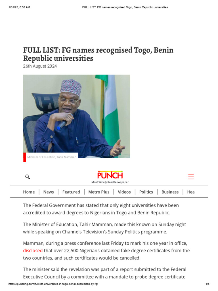 FULL LIST - FG Names Recognised Togo, Benin Republic Universities | PDF