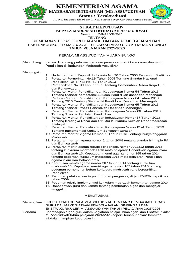 SK Pembagian Tugas 2025 2026 | PDF