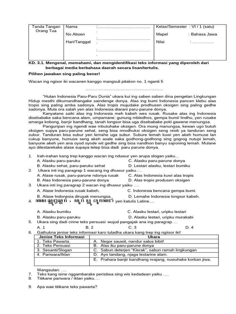 SAS BAHASA JAWA KELAS 6 | PDF