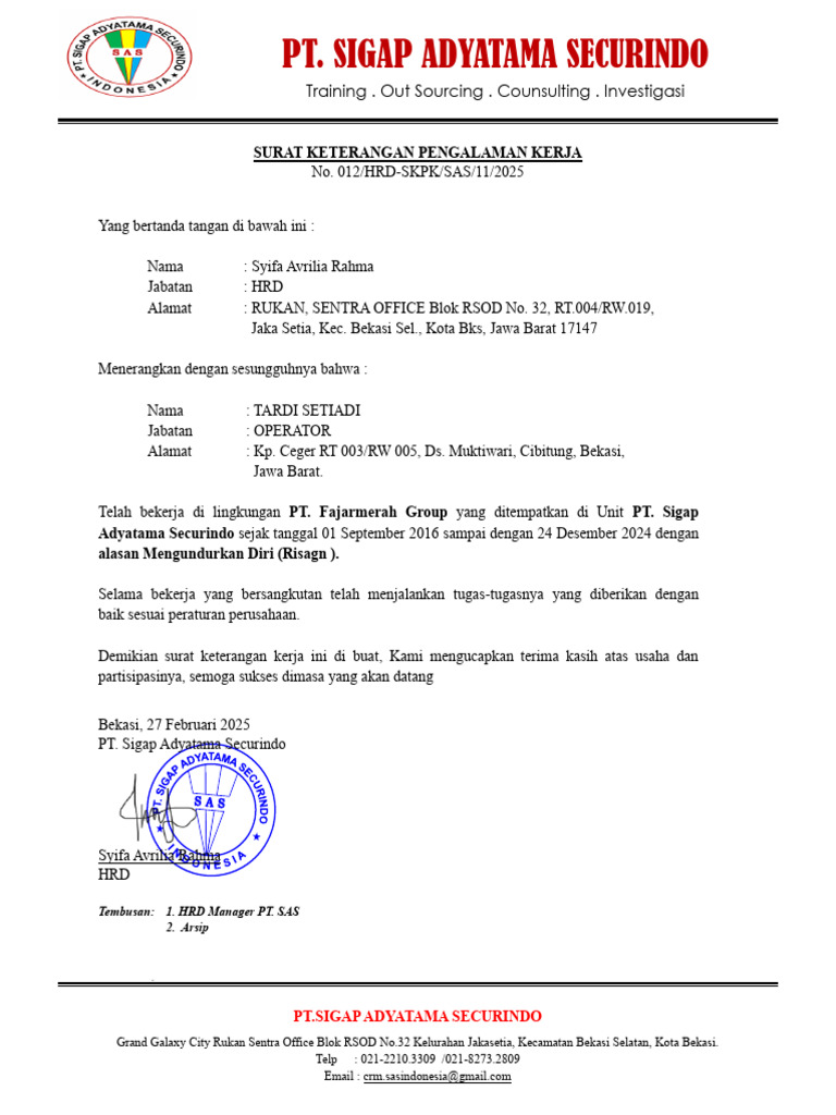 Surat Keterangan Pengalaman Kerja Tardi Setiadi | PDF