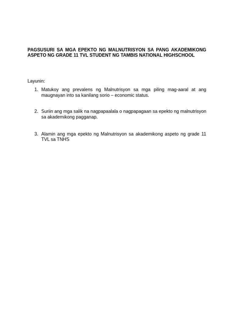 Pagsusuri Sa Mga Epekto NG Malnutrisyon Sa Pang Akademikong Aspeto NG ...