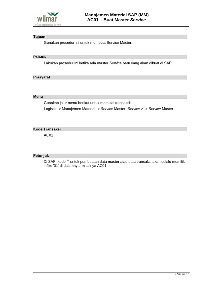 Buat Master Service di SAP AC01 | PDF