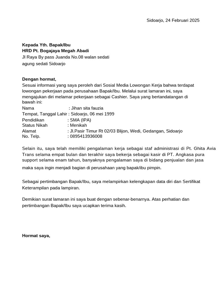 Lamaran Kerja Cashier oleh Jihan Sita | PDF