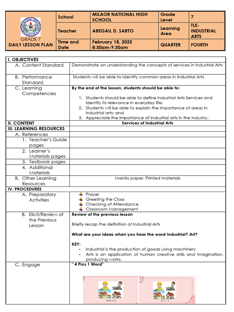 Daily Lesson Plan - G7 - Industrial Arts | PDF | Vocational Education ...