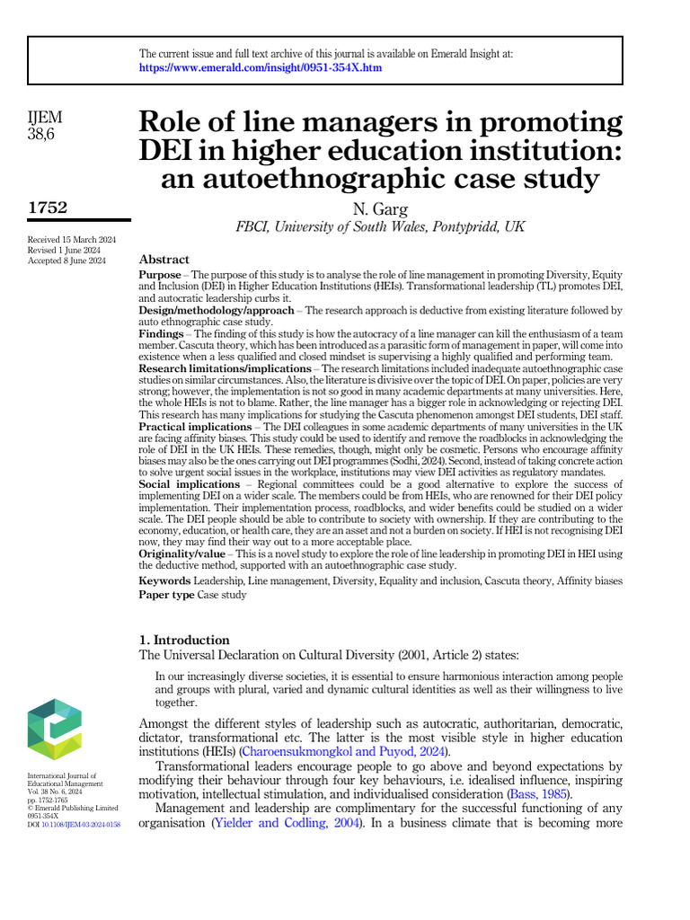 Role of Line Managers in Promoting DEI in Higher Education Institution ...