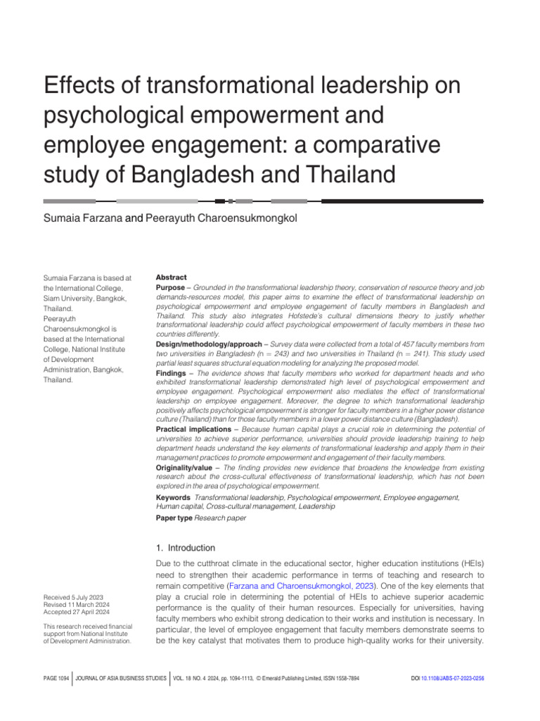 Effects of transformational leadership on psychological empowerment and employee engagement- a ...