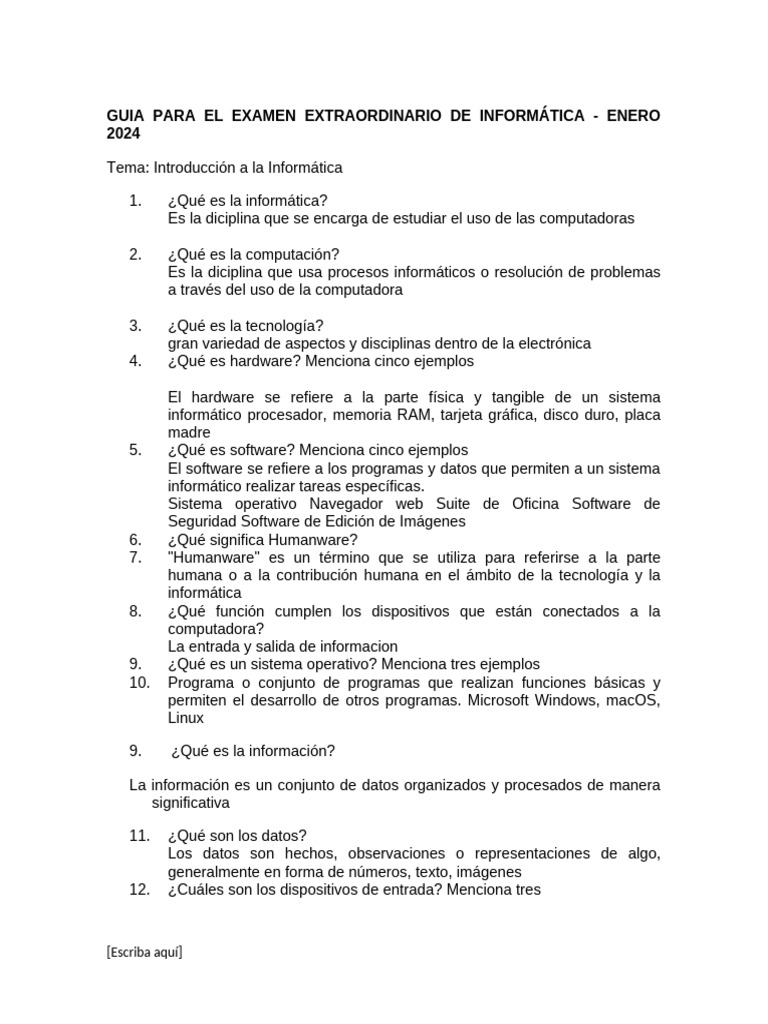 Guía Examen Extraordinario Informática 2024 | PDF | Hardware de la computadora | Informática
