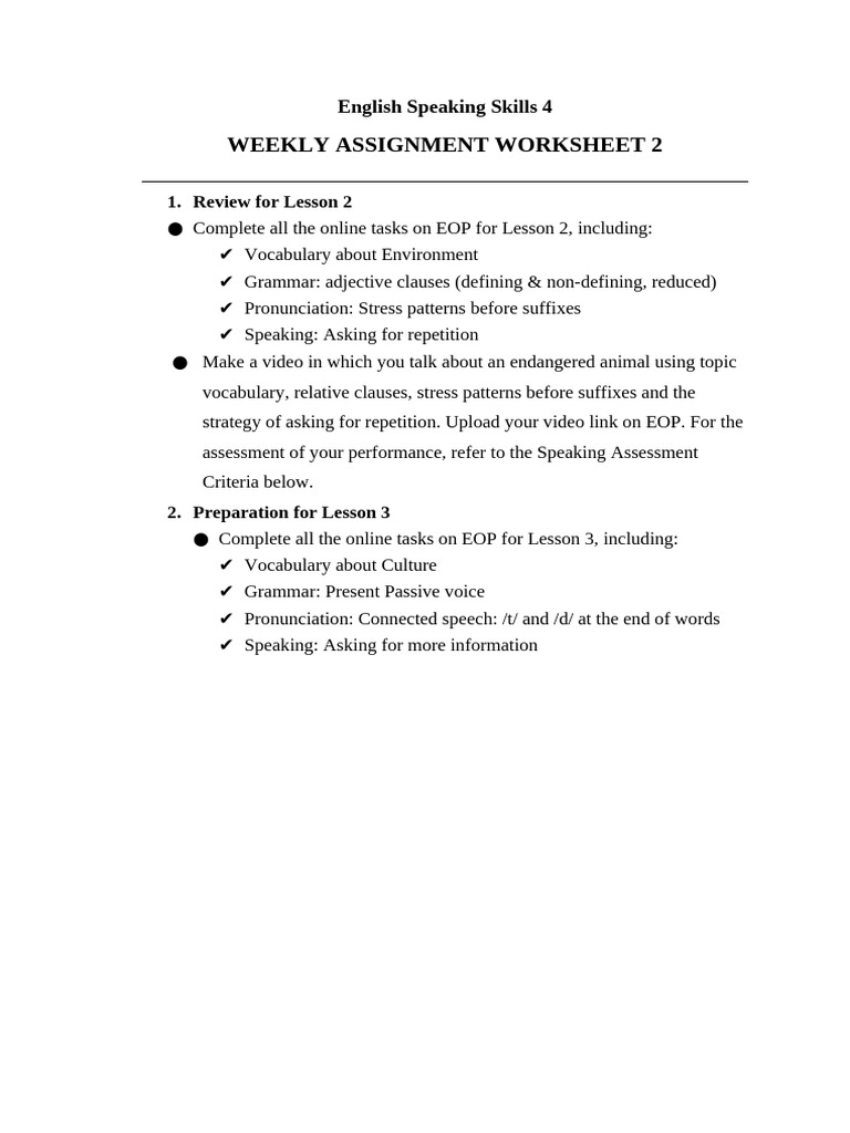 469d0002556t7146l10 Lesson 2 Weekly Assi | PDF | Vocabulary | Speech
