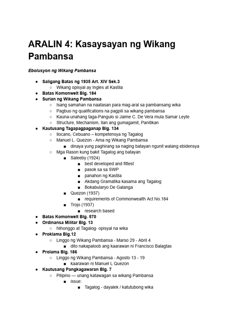 ARALIN 4 - Kasaysayan NG Wikang Pambansa | PDF