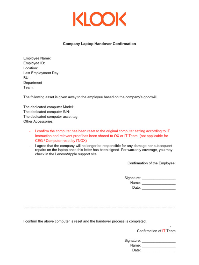 Company Laptop Handover Confirmation (Template) | PDF