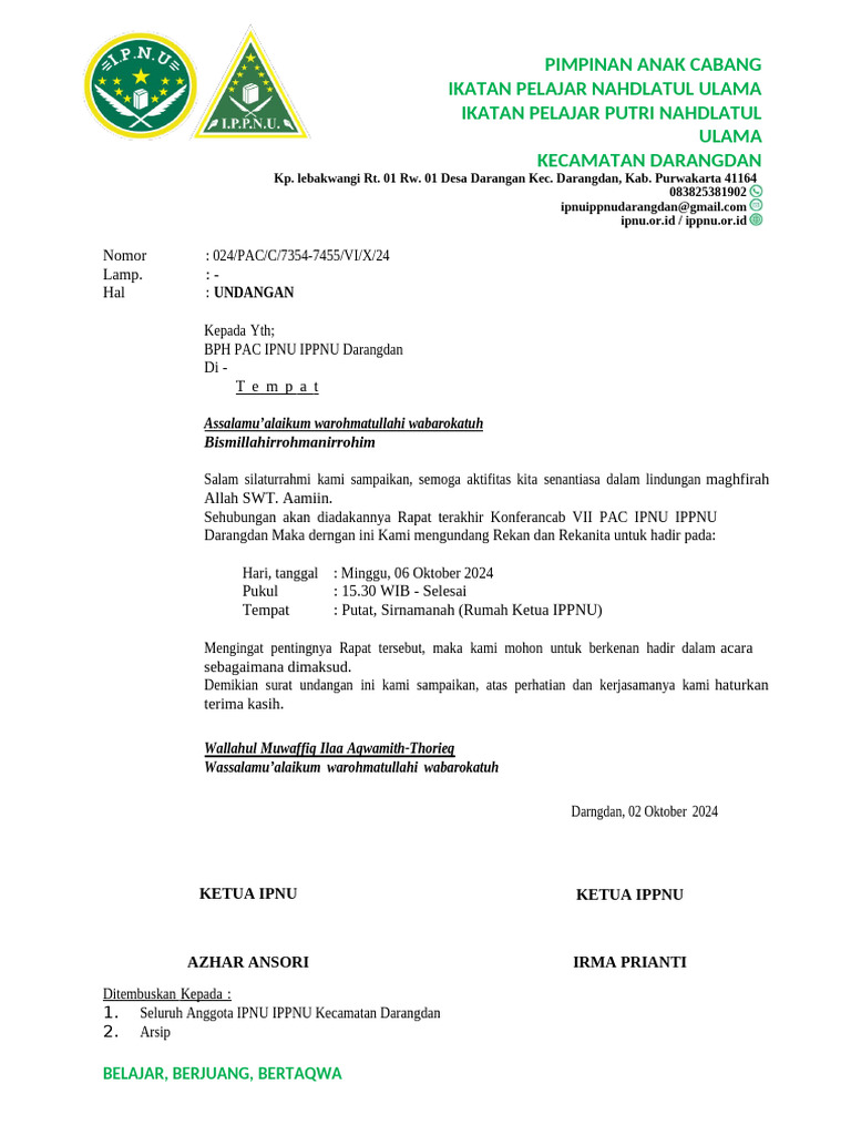 Surat Undangan Mingguan PAC IPNU-IPPNU | PDF