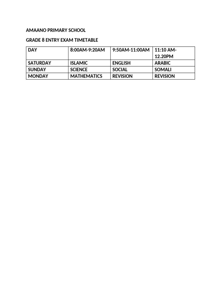 Grade 8 Exam Timetable 2025 | PDF