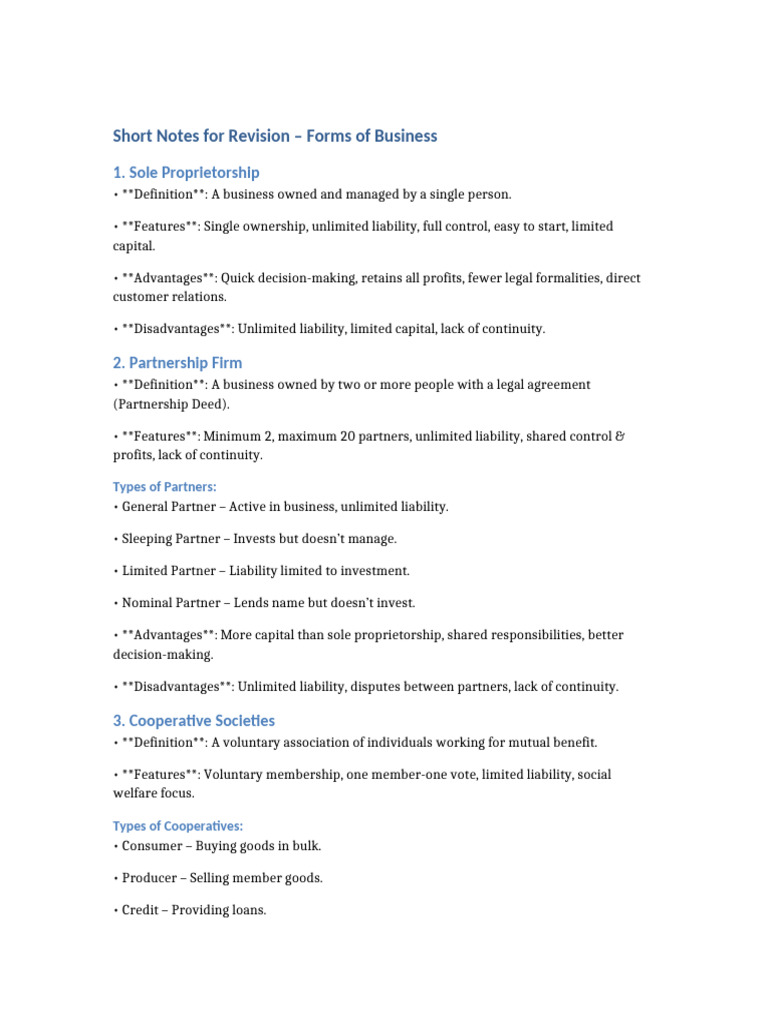 Business Studies Short Notes | PDF | Partnership | Public Company
