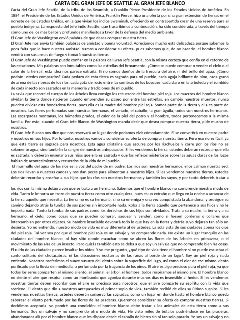 Resumen de la carta del Jefe Seattle | PDF | Tierra