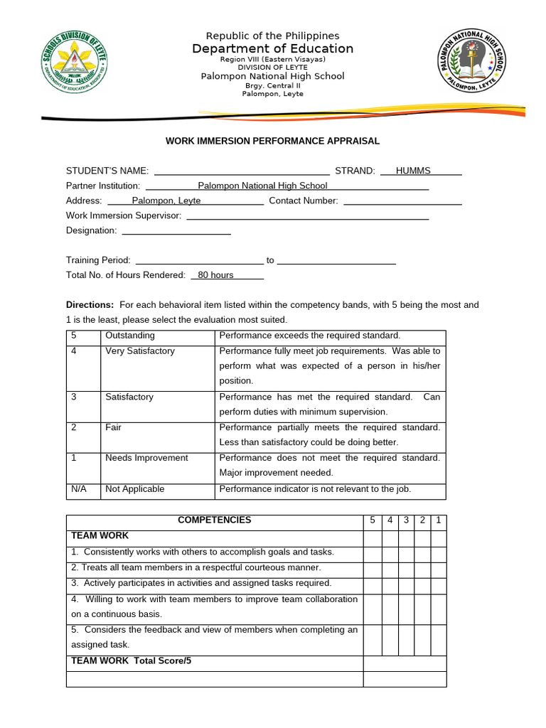 Work Immersion Performance Appraisal | PDF | Performance Appraisal | Behavioural Sciences