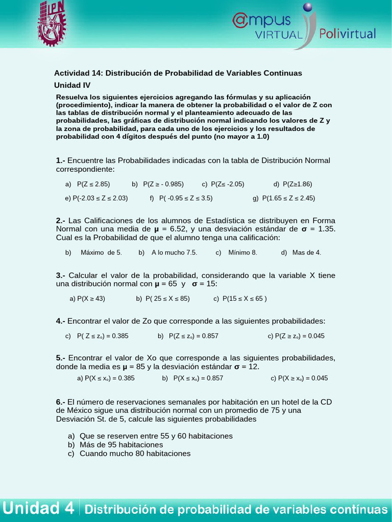 Actividad - 14 - Distribucion de Probabilidad de Variables Continuas - Ejercicios | PDF ...