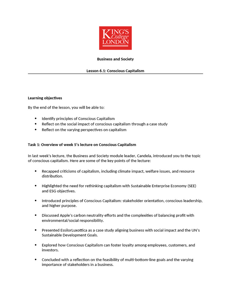 Lesson 6.1 - Conscious Capitalism | PDF | Capitalism | Business