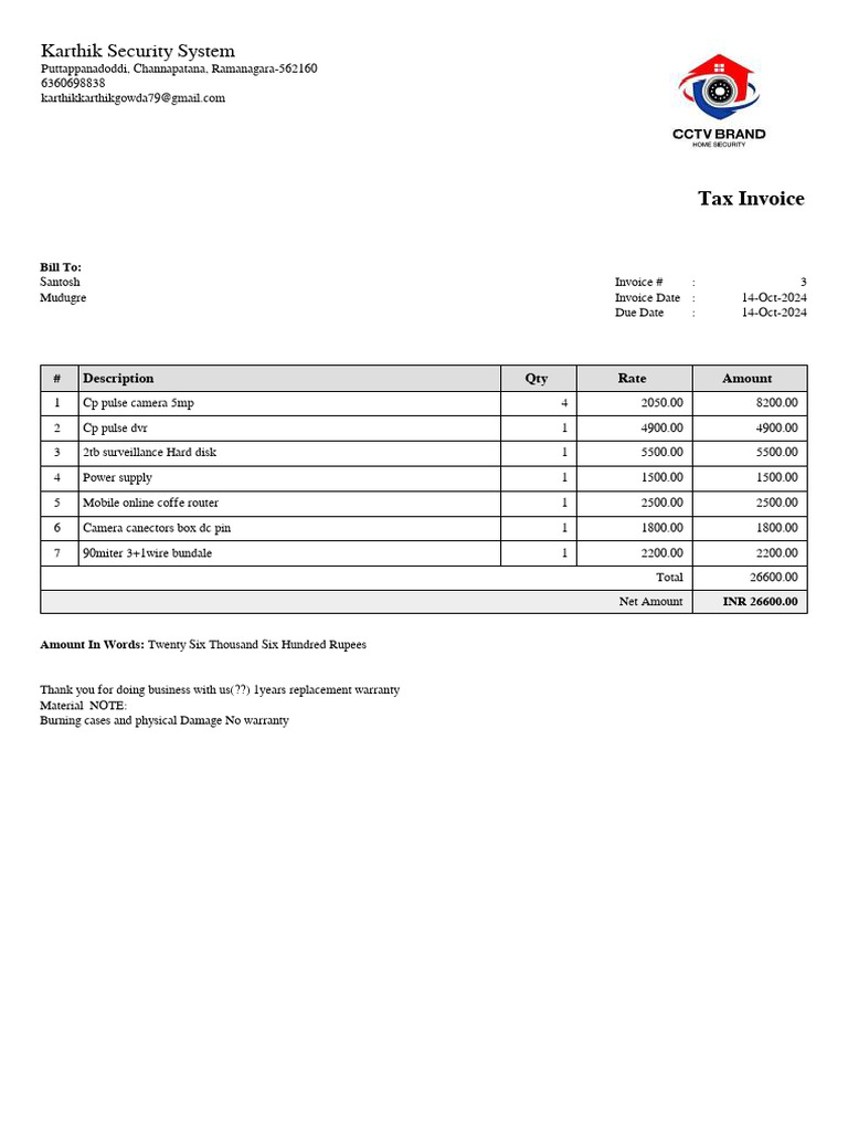Karthik Security System Invoice 3 | PDF