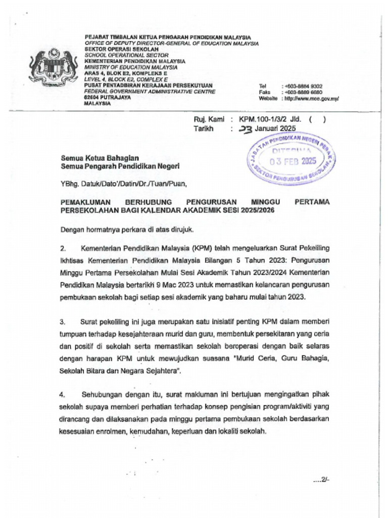 Pengurusan Minggu Pertama Persekolahan Sesi 2025 Dan 2026 | PDF